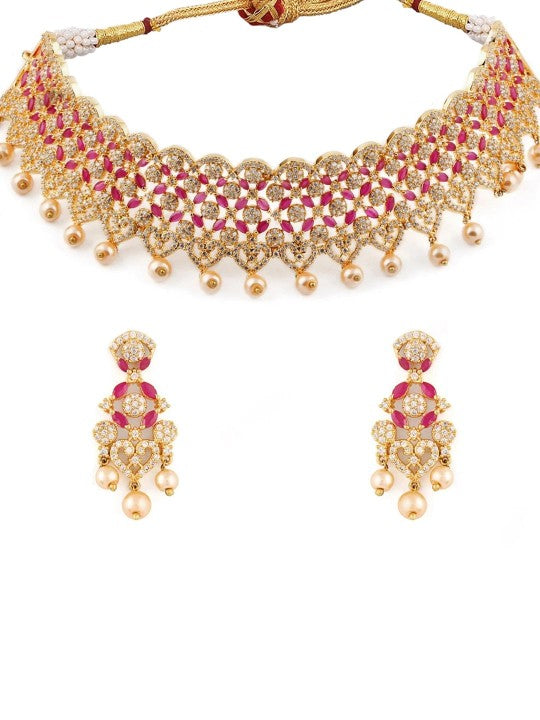 Gold-Toned & Pink Handcrafted Jewellery Set – VitansEthnics