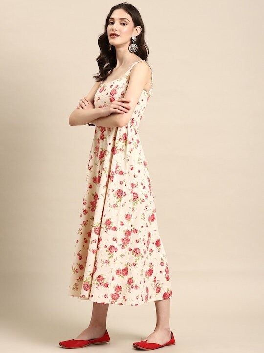 Indian Shoulder Strap Flared Floral Printed Midi Dress – VitansEthnics